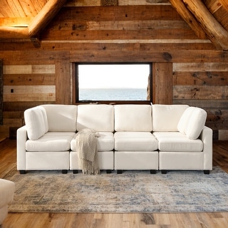 103" U-Shaped Sectional Sofa Bed with Two Movable Ottomans and Three USB Ports, Chenille Fabric ...